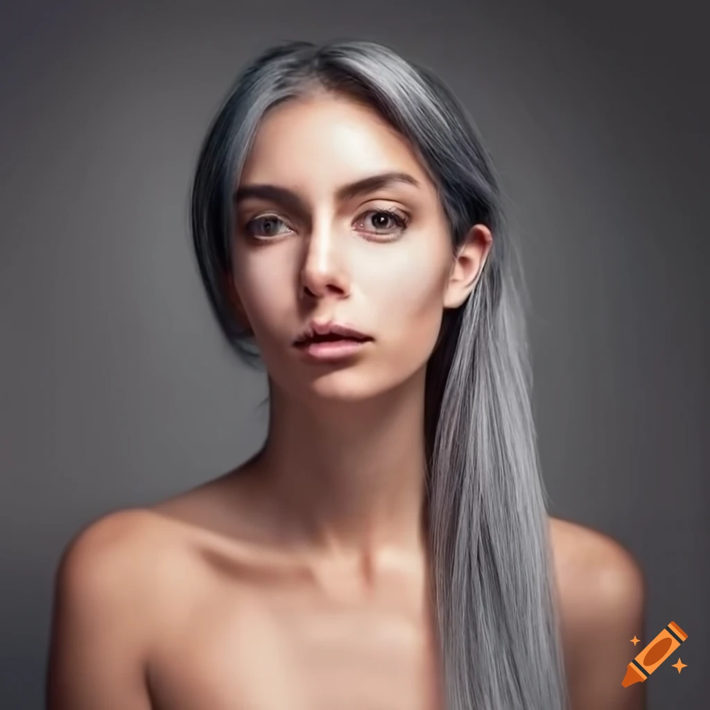 Portrait of a young woman with grey hair and unique features