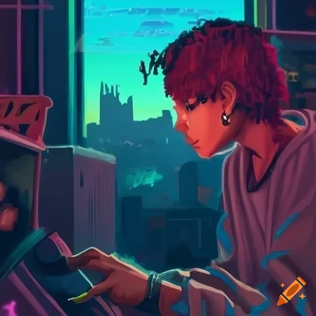 Lo-fi artwork of a rapper in a landscape