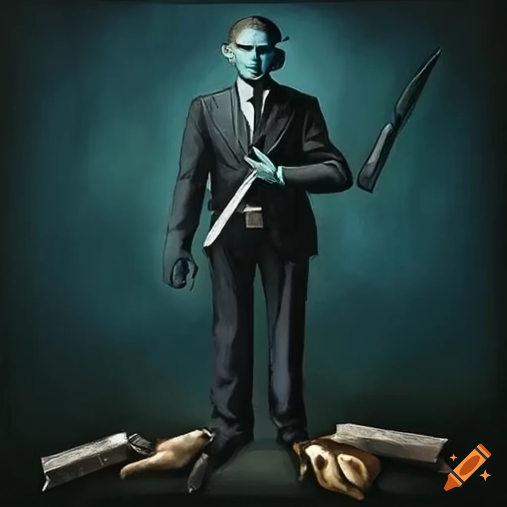 Surreal painting of franz kafka with a weapon