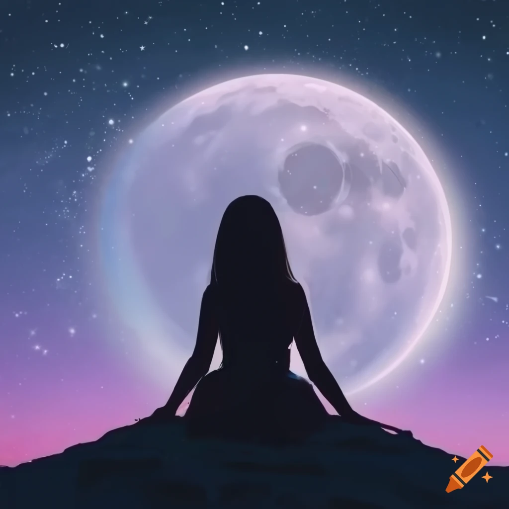 Artwork of a girl sitting on the moon with shooting stars