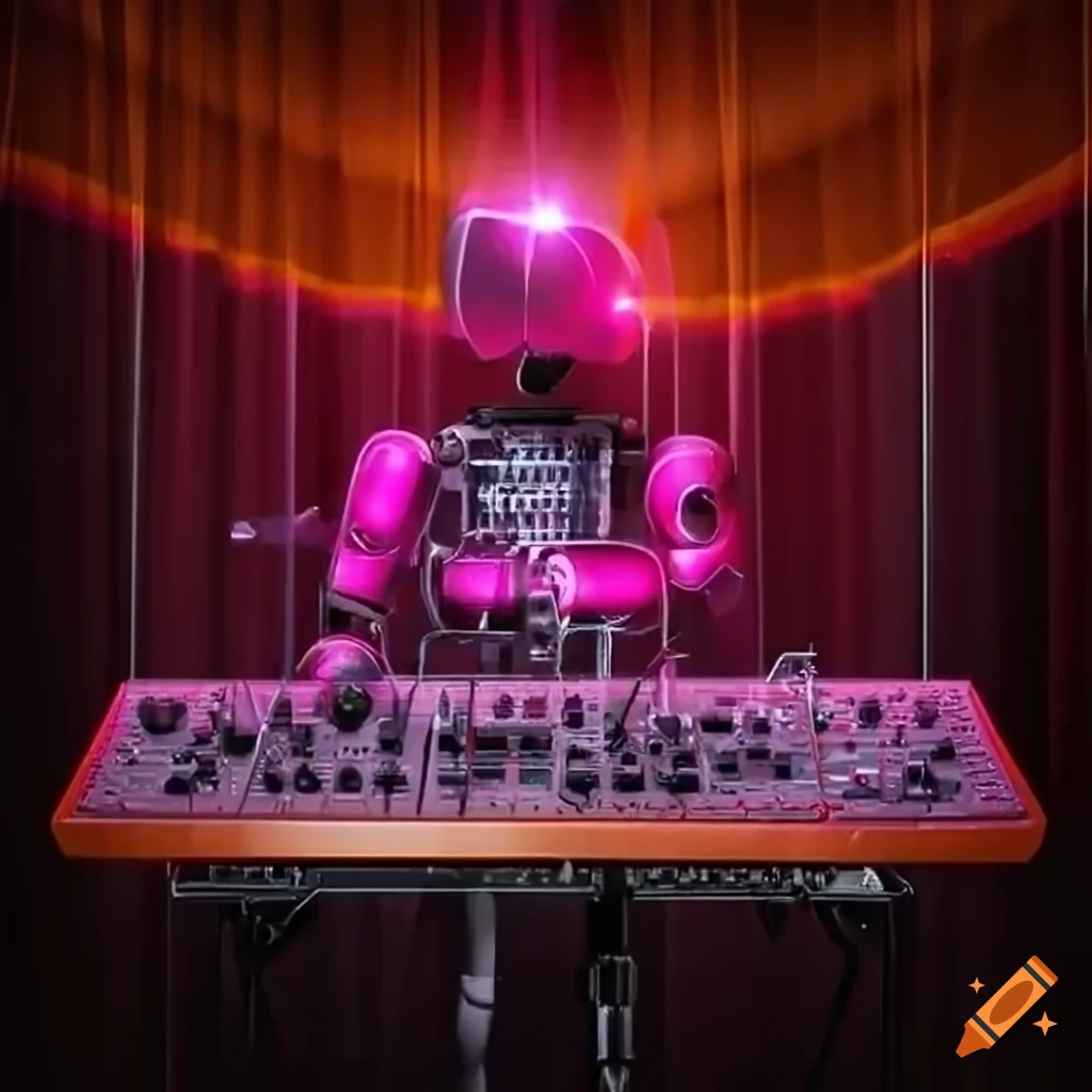 Robot playing a modular synthesizer with vibrant lighting on Craiyon