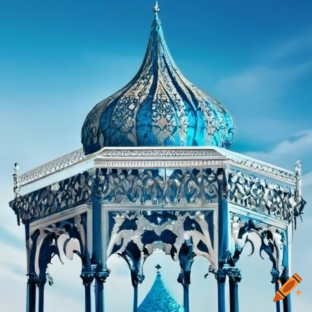 Silver islamic ornamental gazebo against blue sky