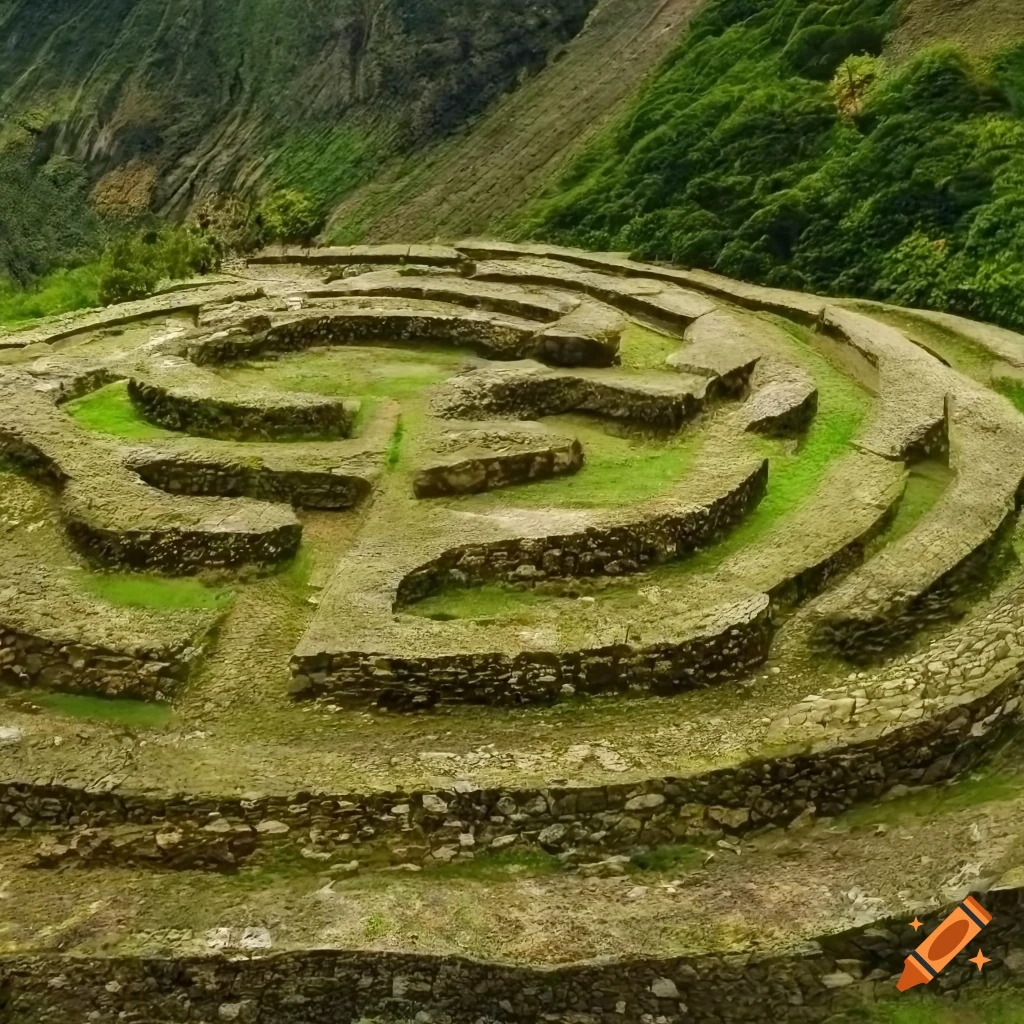 Scenic stone labyrinth on a terraced hill on Craiyon