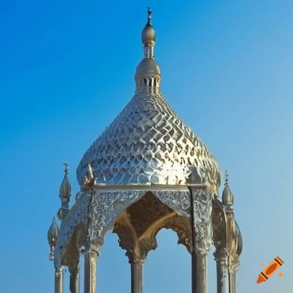 Sky blue islamic gazebo with a silver fountain on Craiyon