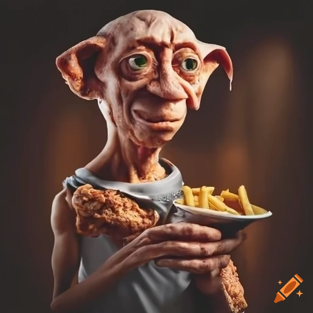 Dobby enjoying chicken wings and fries at a bar on Craiyon