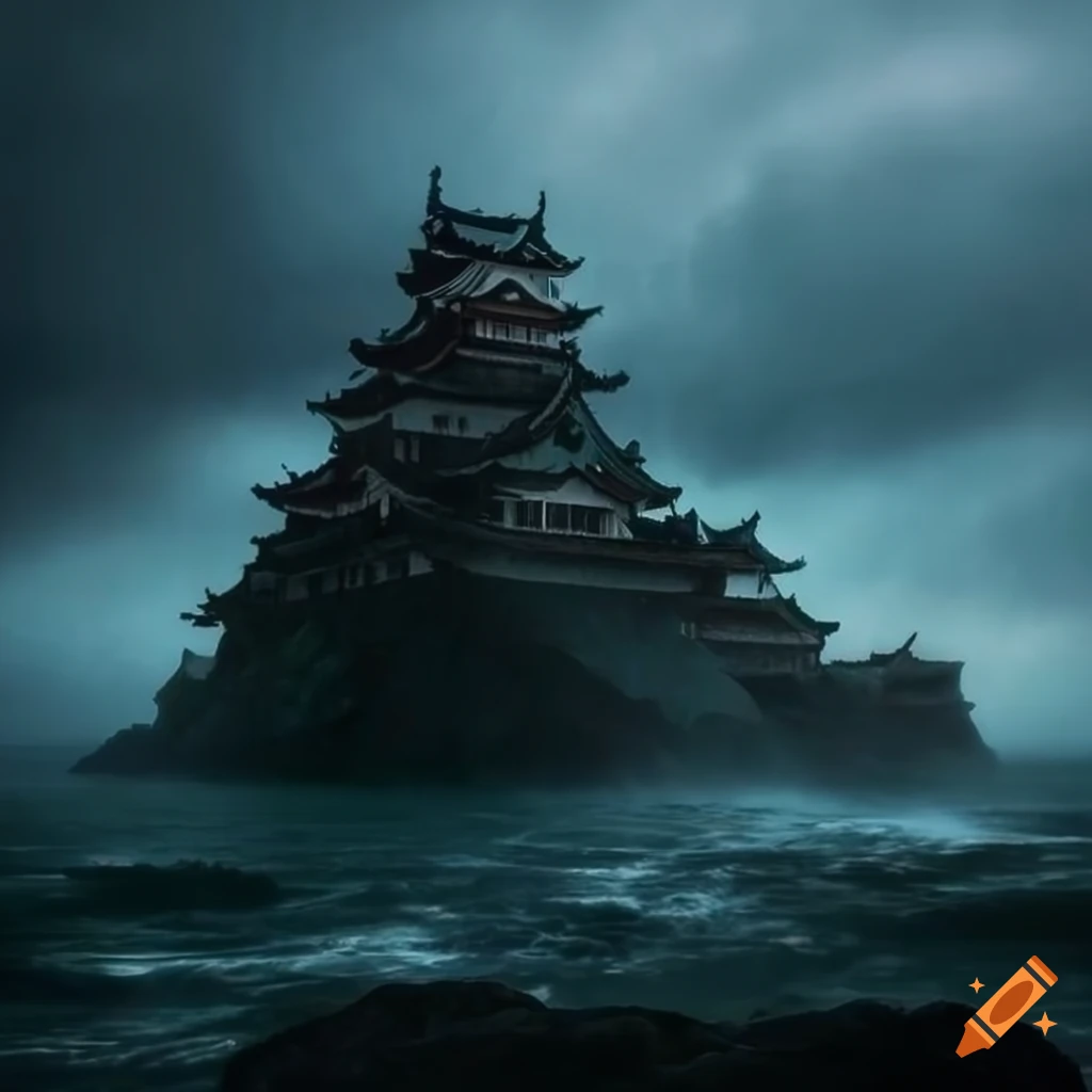 Dark fantasy castle on a stormy seafront