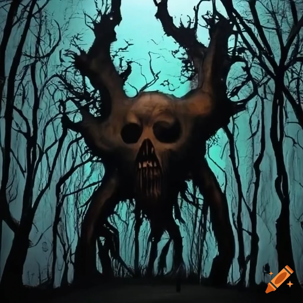 Evil creatures and monsters in a dark purple setting with dead branches ...