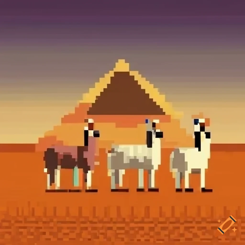 Pixelated painting of llamas near a pyramid on Craiyon