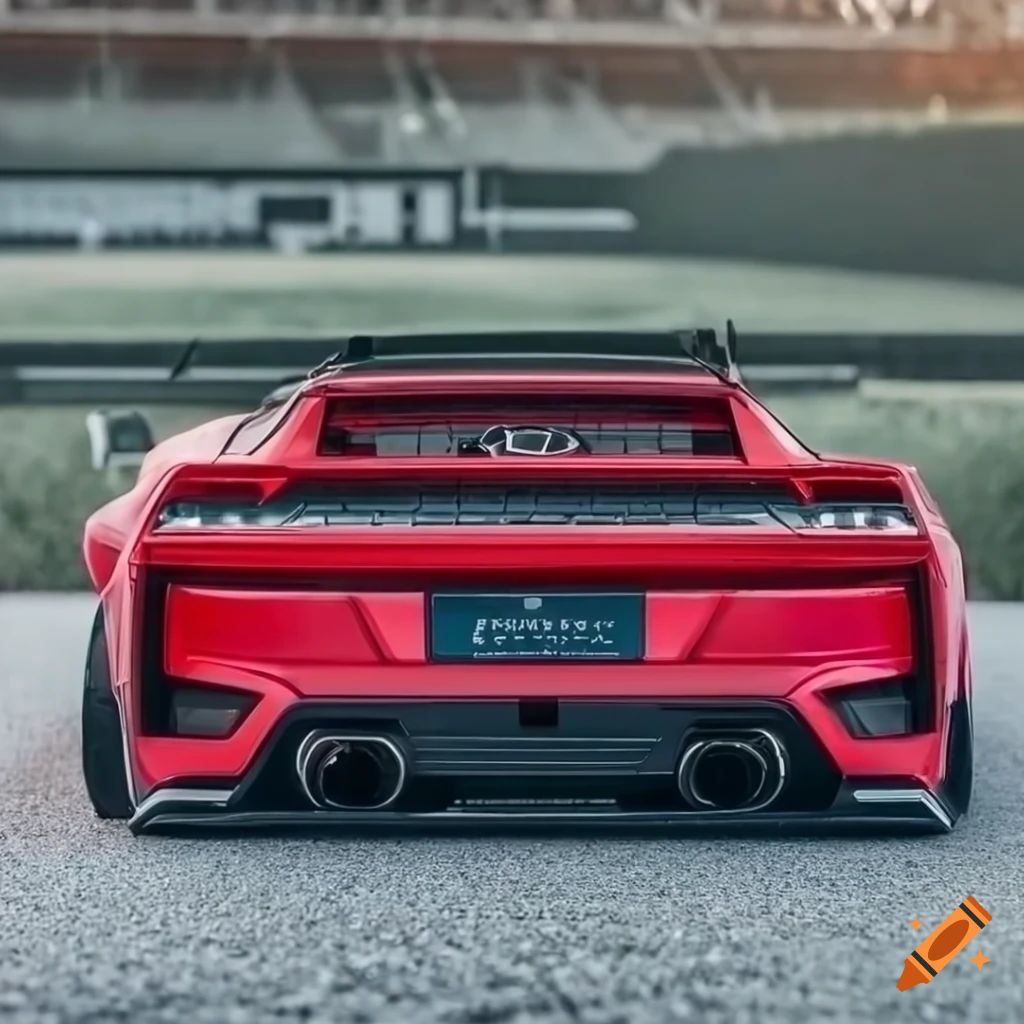 Rear view of a red 2023 testawerks f70 homage car on Craiyon