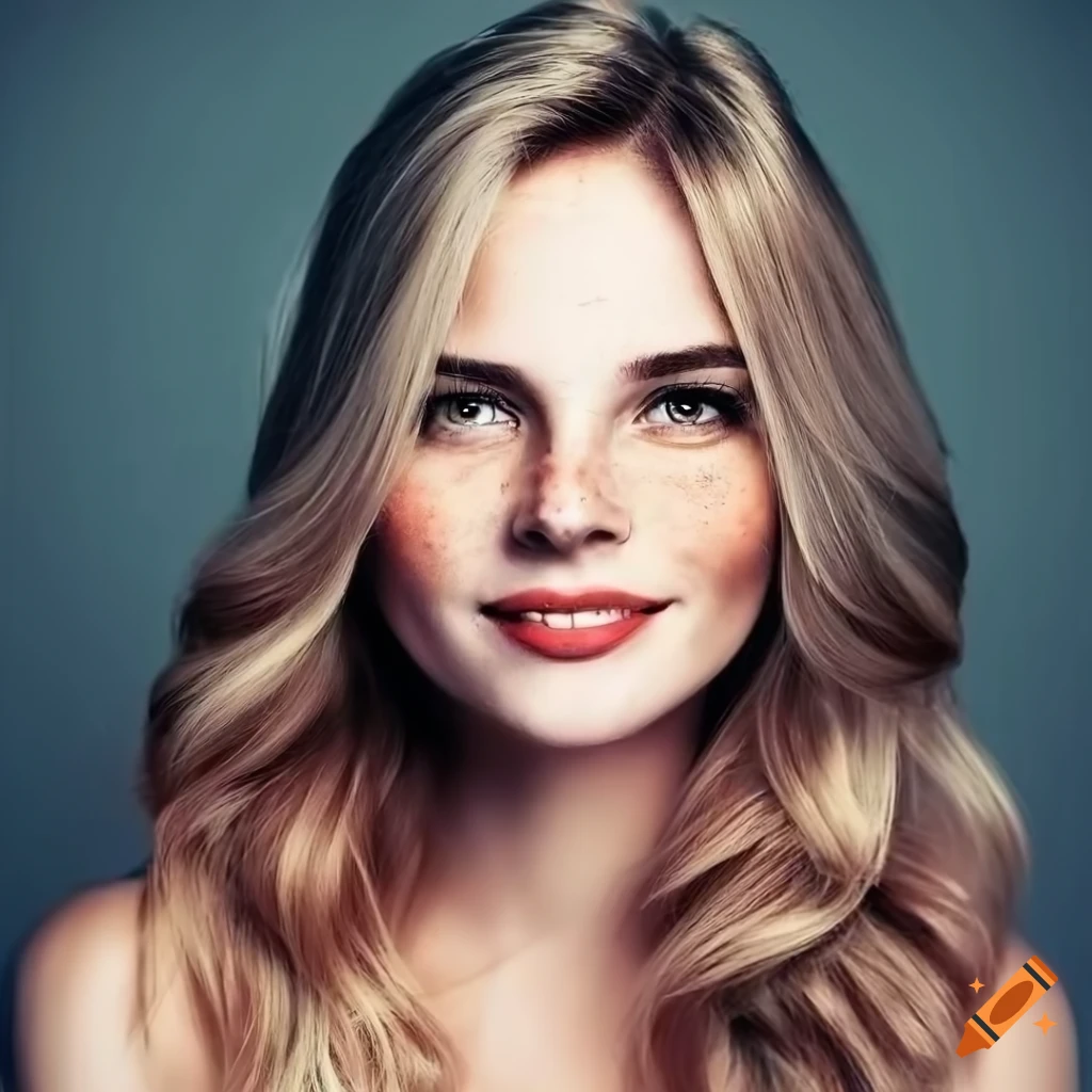 High resolution portrait of a beautiful young woman with freckles on ...