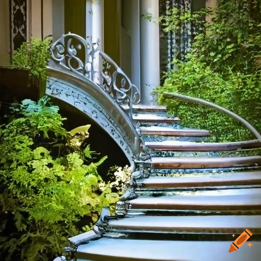 Curved silver stairs leading to a balcony in a garden on Craiyon