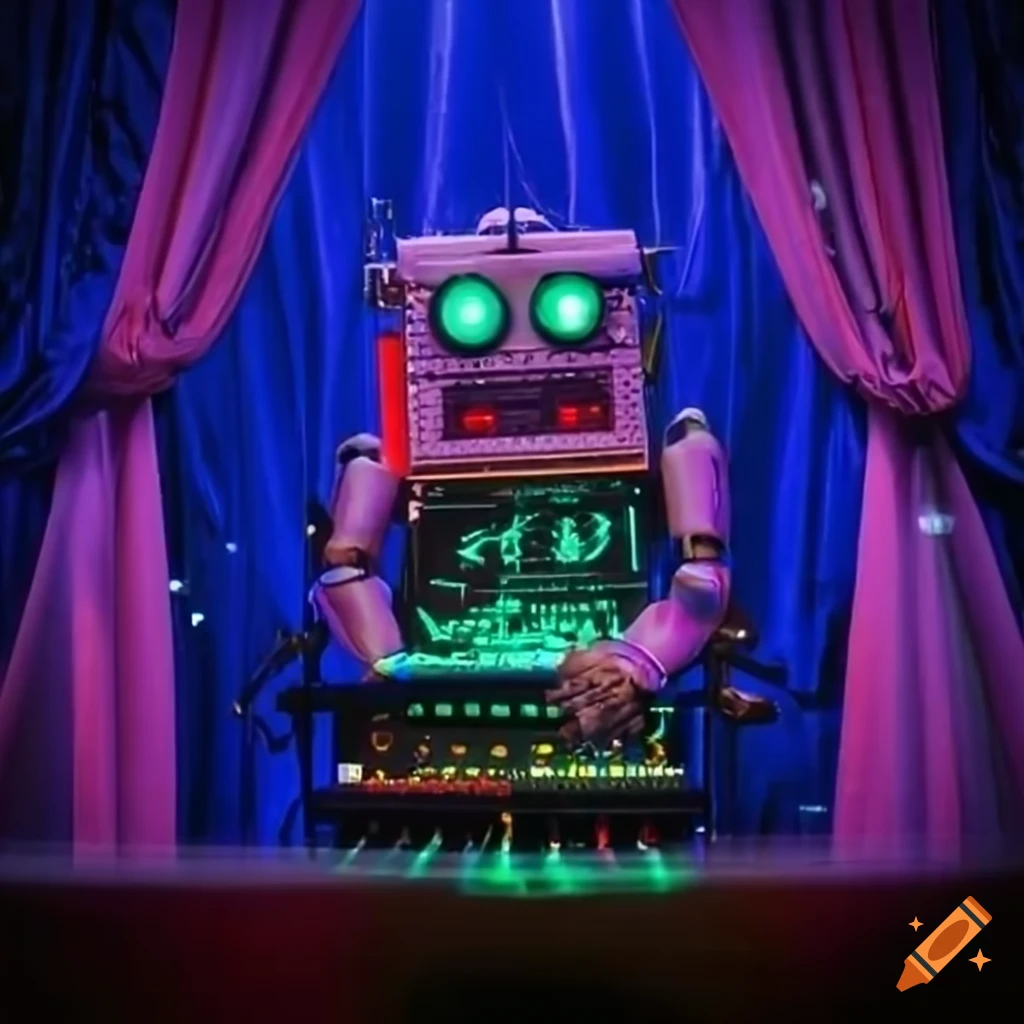 Artistically lit robot monster playing synthesizer