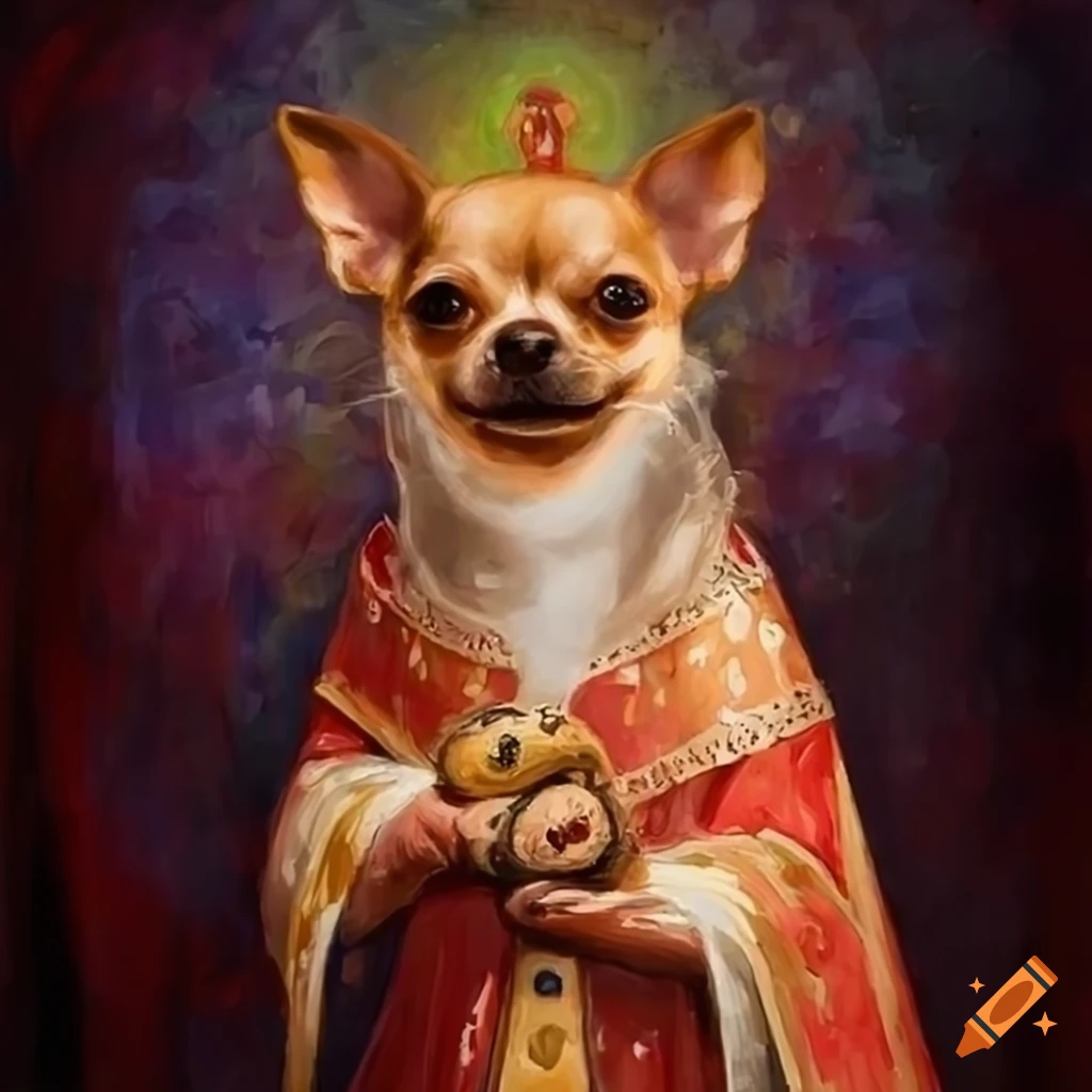 Religious painting of a chihuahua saint with a dog toy on Craiyon
