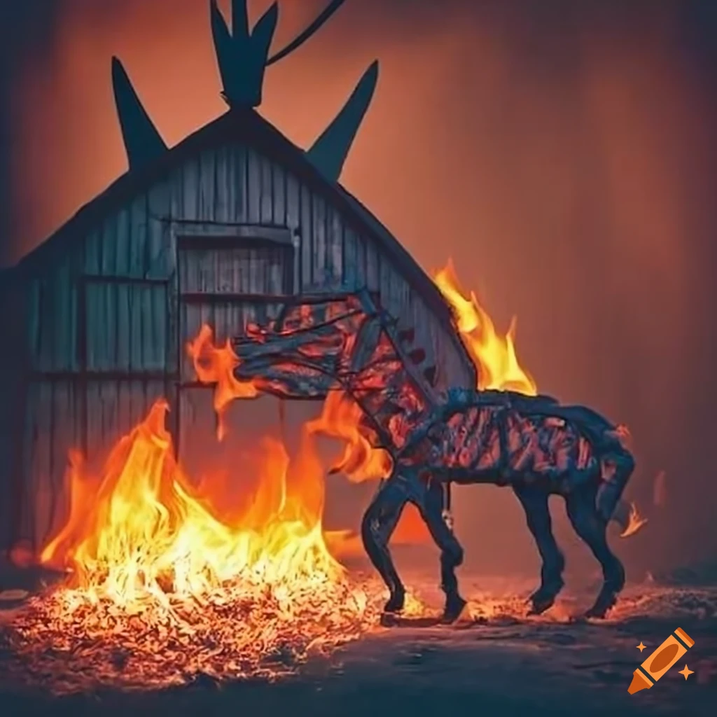 Image of a fiery horse and burning barn