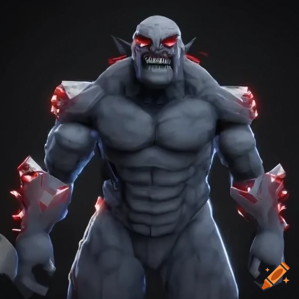 Digital artwork of a black stone muscle golem with a red-haired elf ...