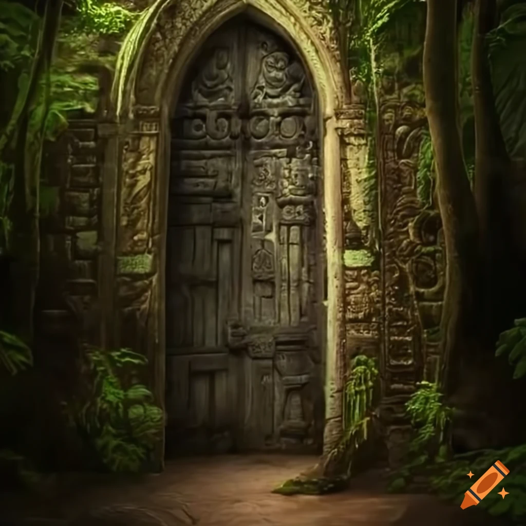 Image of a gothic-maya stone door in the jungle on Craiyon