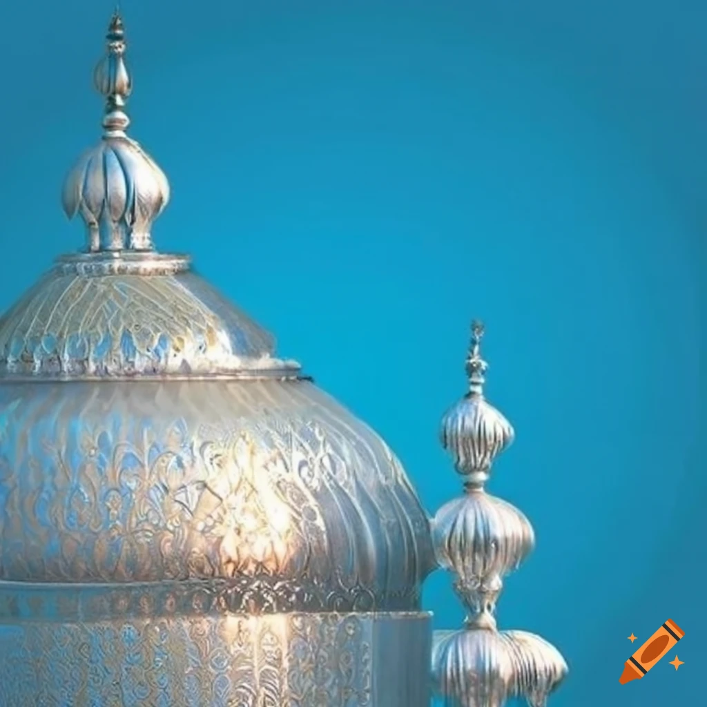 Sky blue Islamic gazebo with a silver fountain on Craiyon