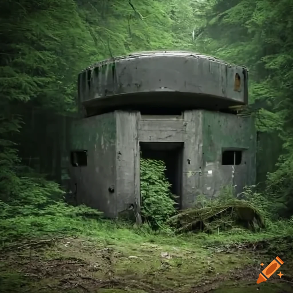 Image of an abandoned military bunker in the woods on Craiyon