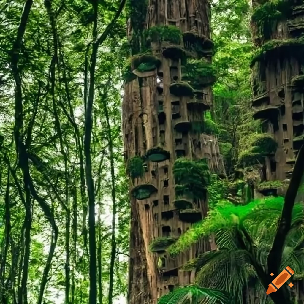 Unique forest architecture in a rainforest on Craiyon