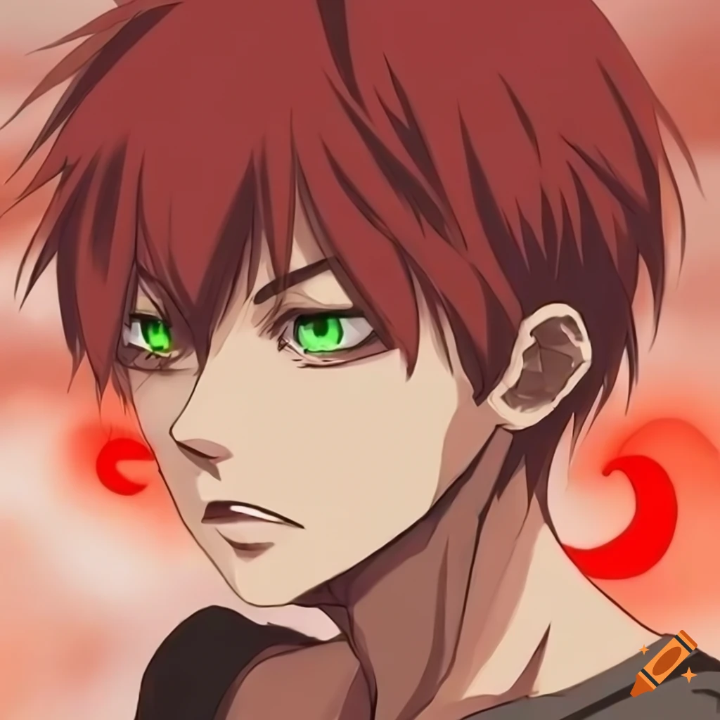 Anime character with green eyes and red aura