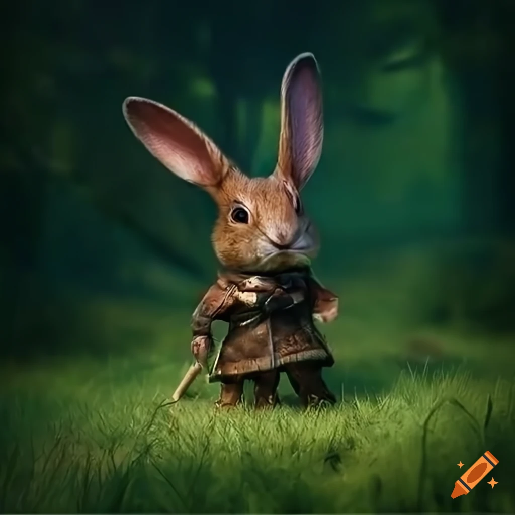 A wise rabbit dressed as a wizard under an ancient oak tree on Craiyon