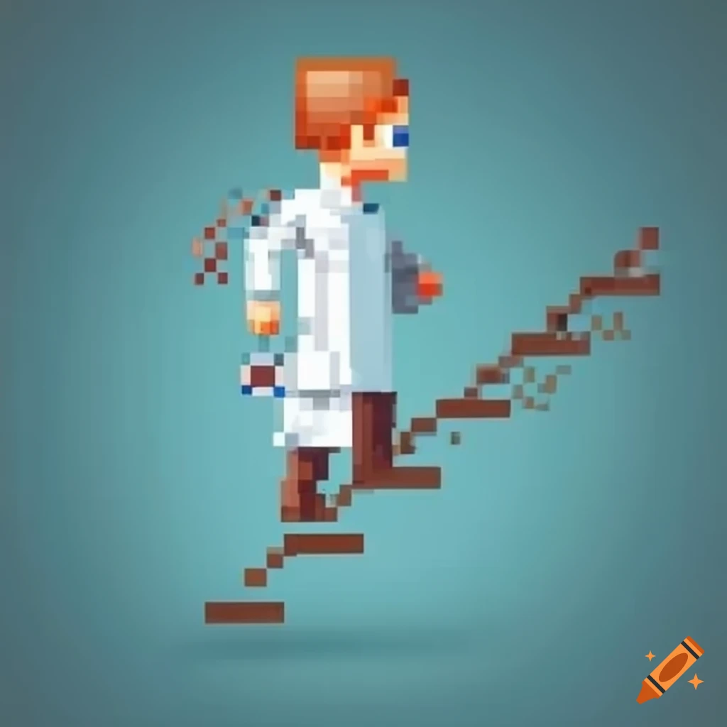 Pixel art of a young scientist climbing ladder on Craiyon
