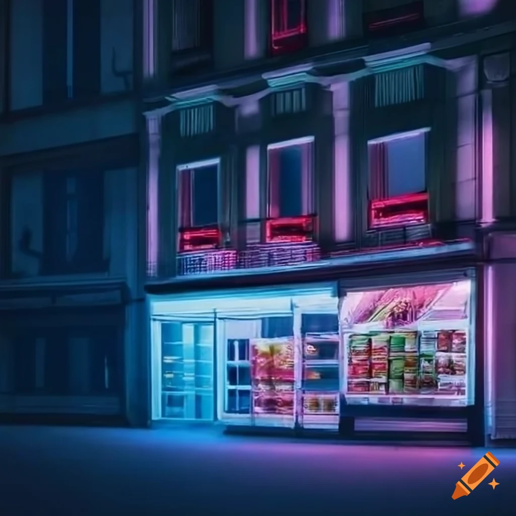 Hyperrealistic night view of a French grocery store with neon lights on ...