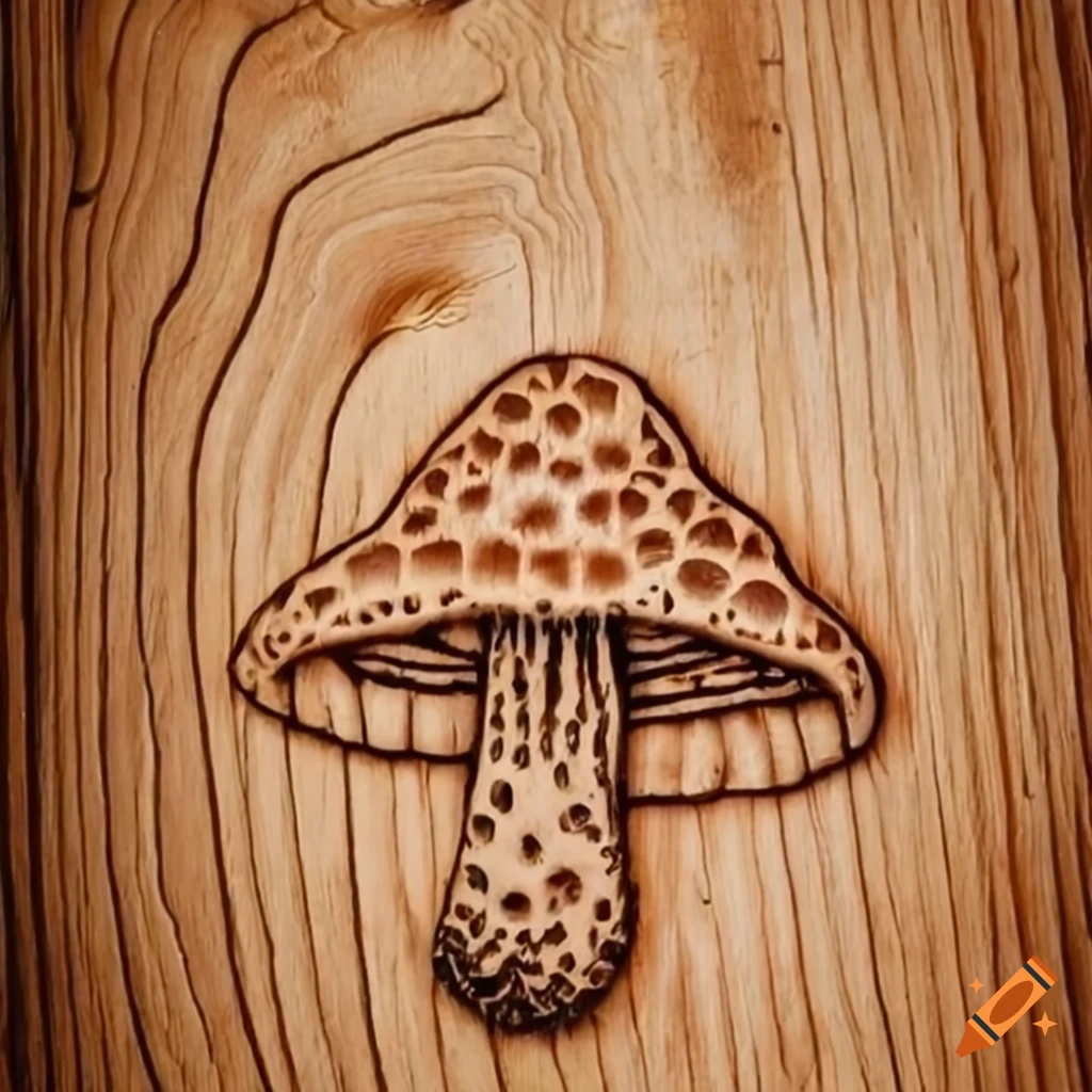 Mushroom pyrography design on wood