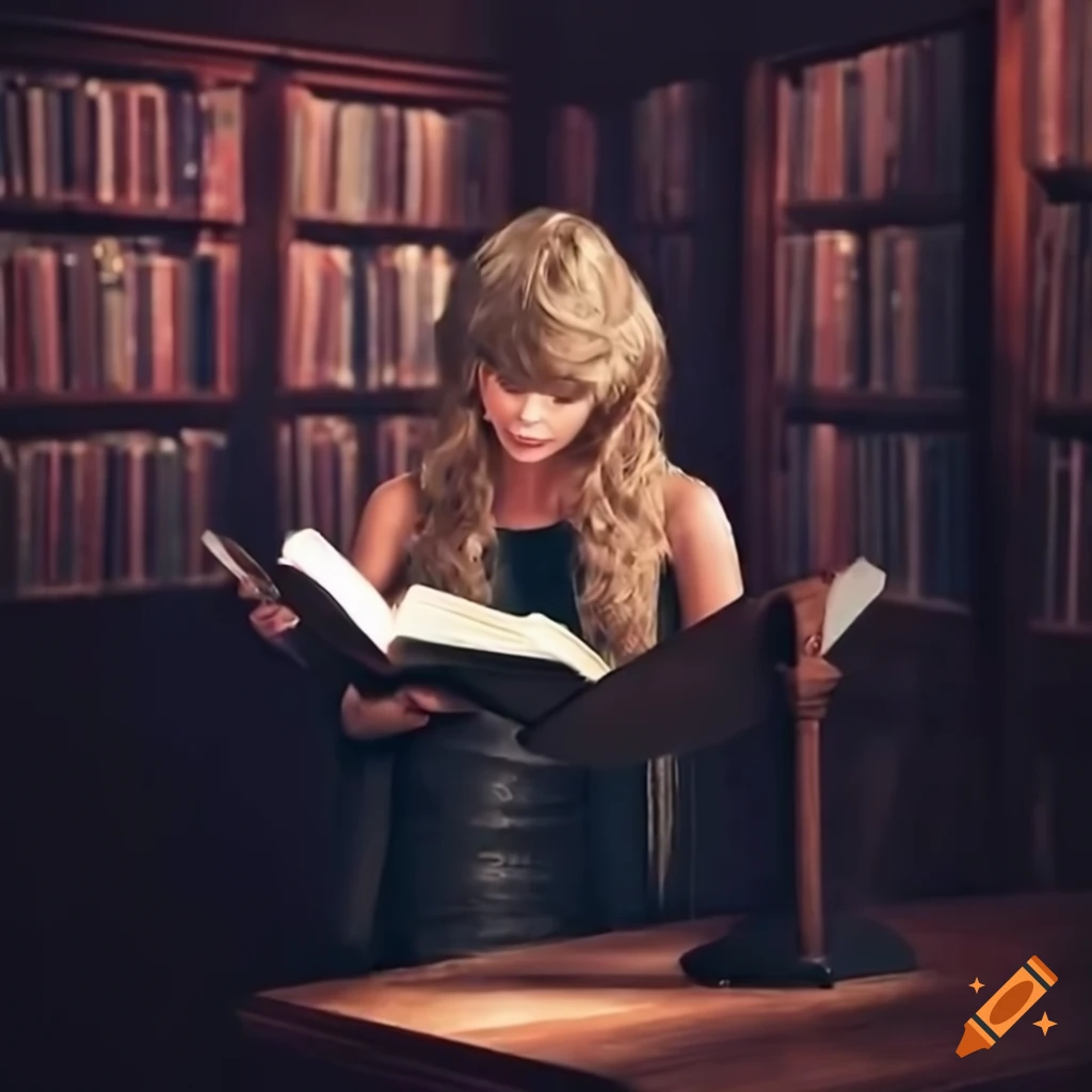 Taylor swift reading a book in a library on Craiyon