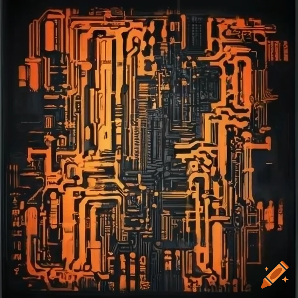 Abstract artwork of black and orange circuit boards on Craiyon