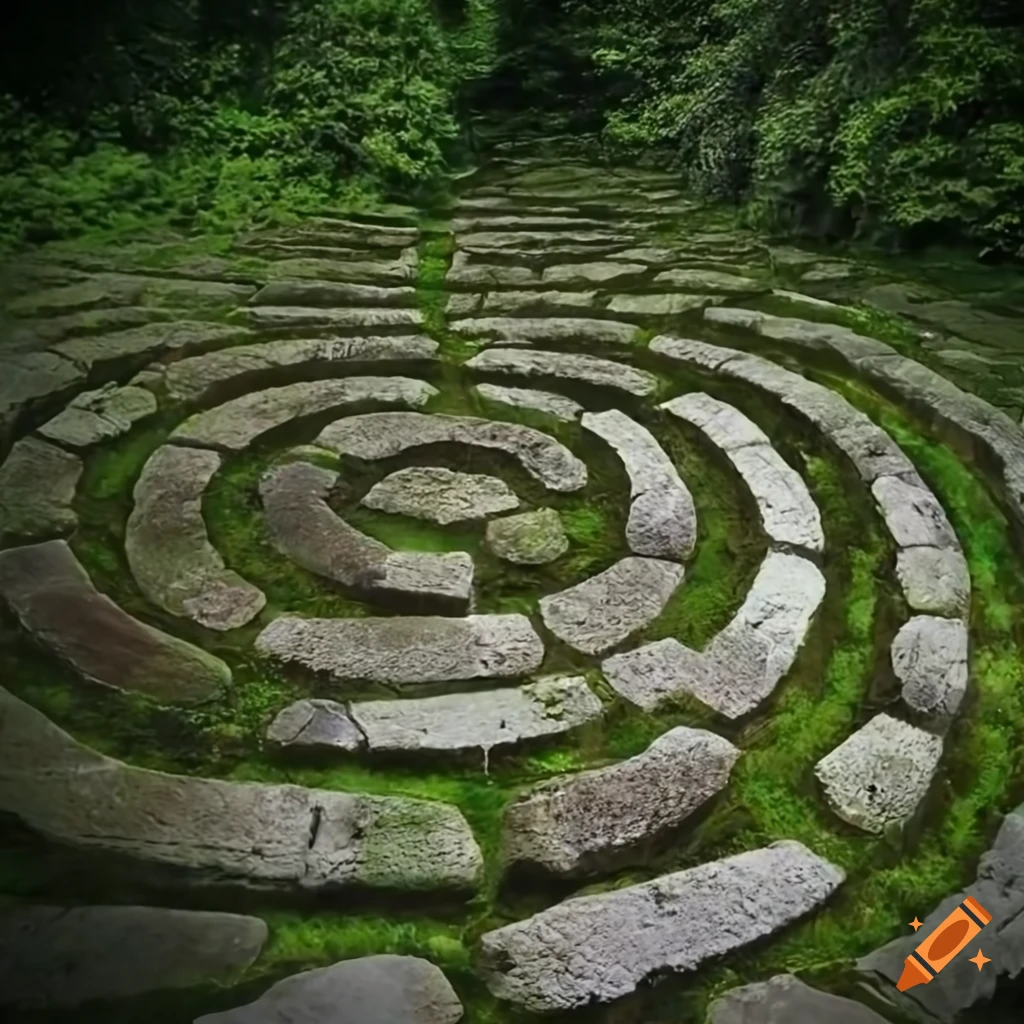 Scenic stone labyrinth from a high angle on Craiyon