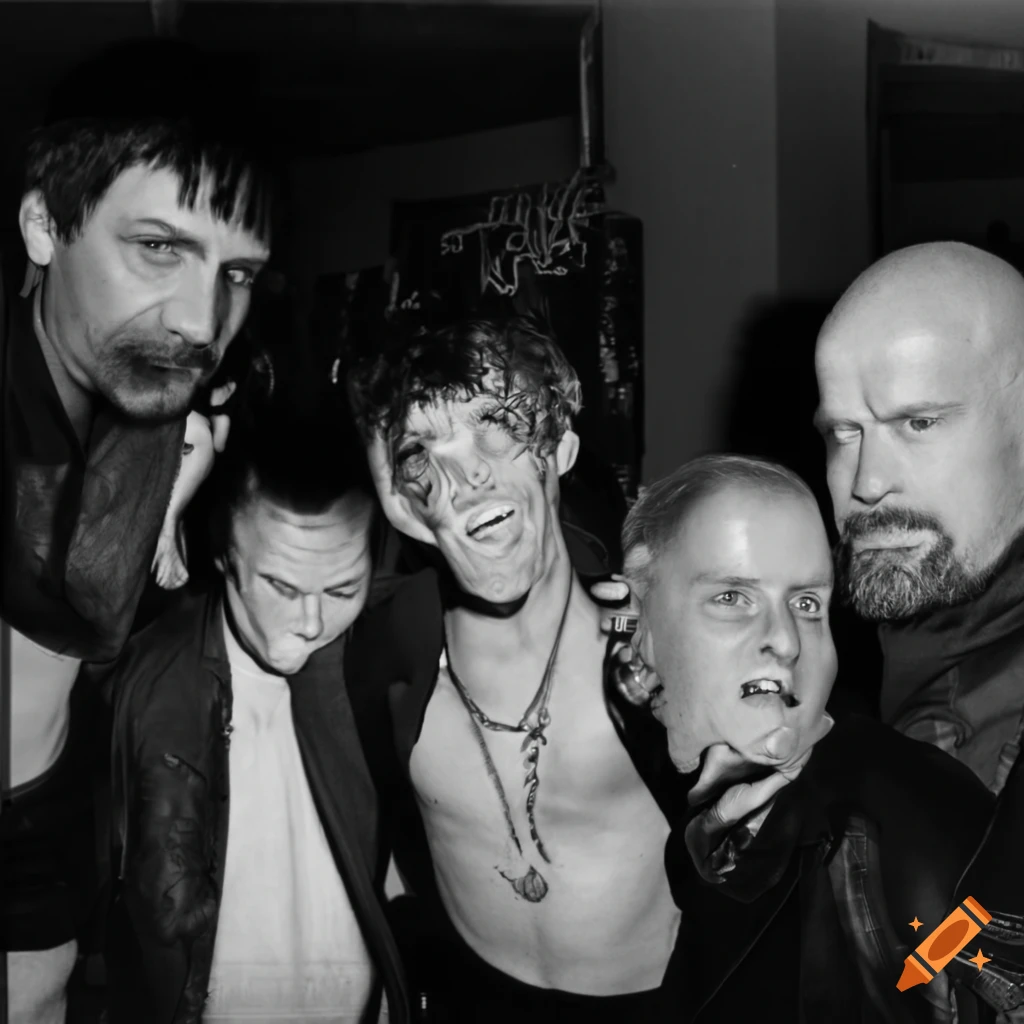Black and white photos of Breaking Bad cast at a punk show on Craiyon