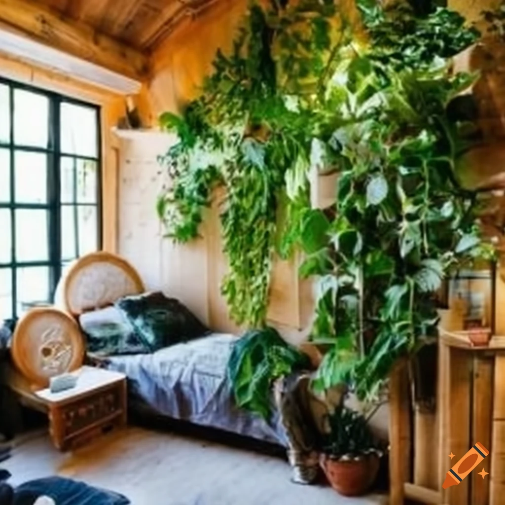 Cozy hobbit bedroom with natural lighting and plants on Craiyon