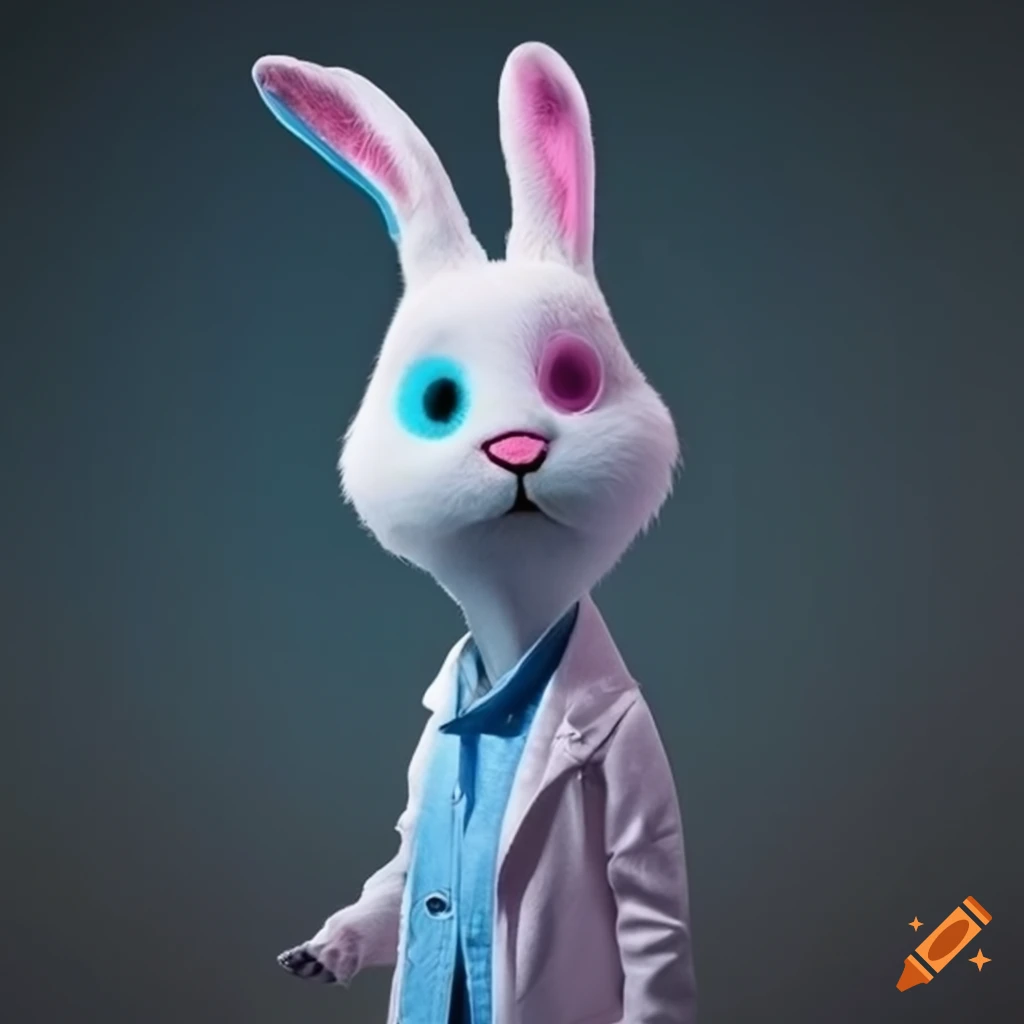 Graphic design of a bunny inventor in a lab coat with lightning on Craiyon