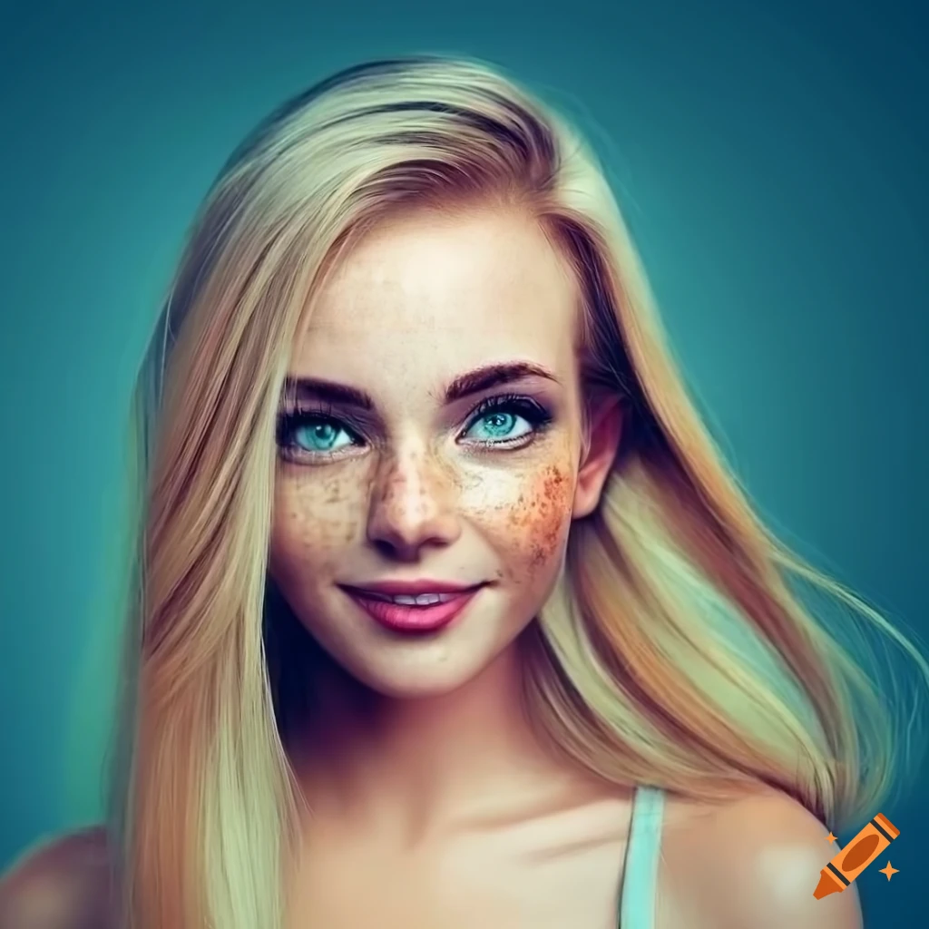 Portrait Of A Beautiful Young Woman With Freckles And Blonde Hair On