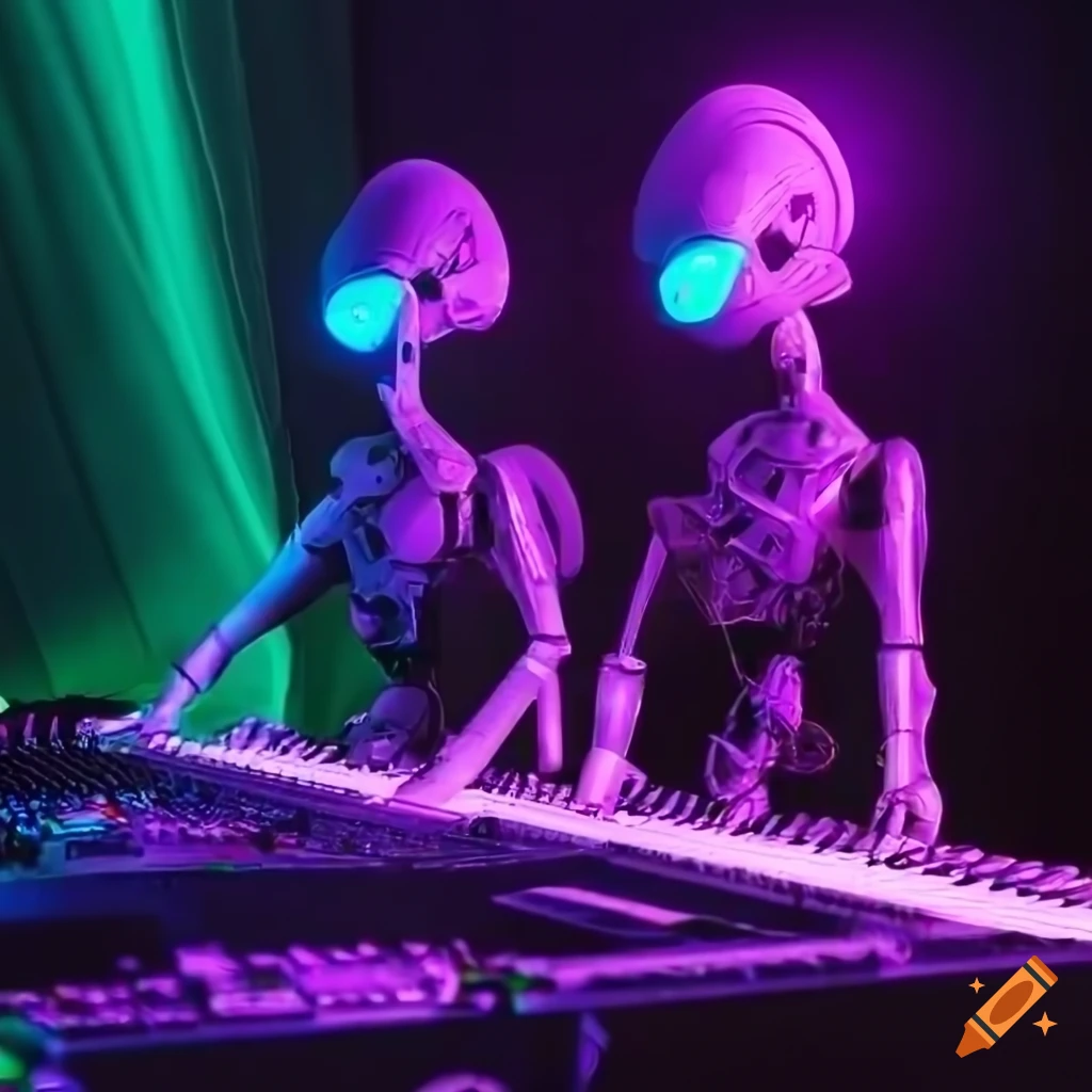 Image of a three-armed alien robot playing a futuristic synthesizer on ...