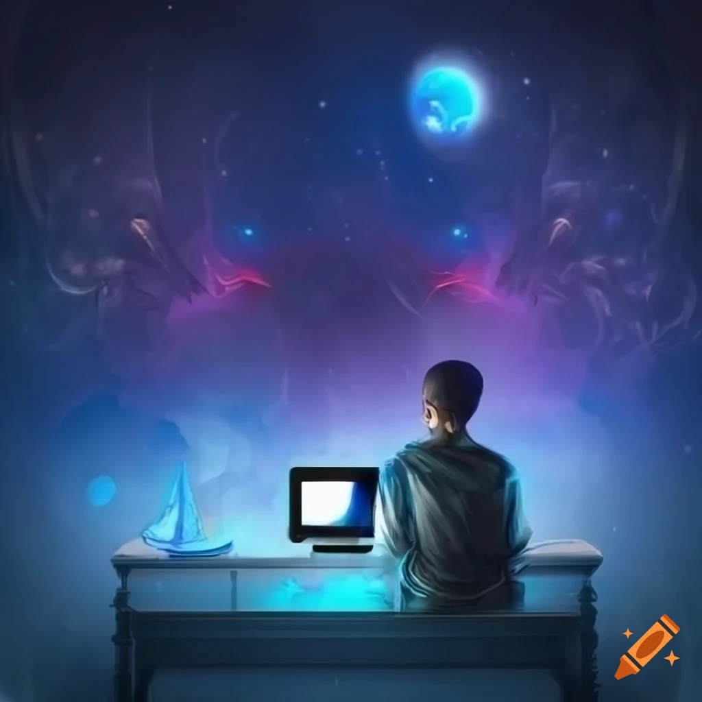 Man with a computer immersed in a magical world