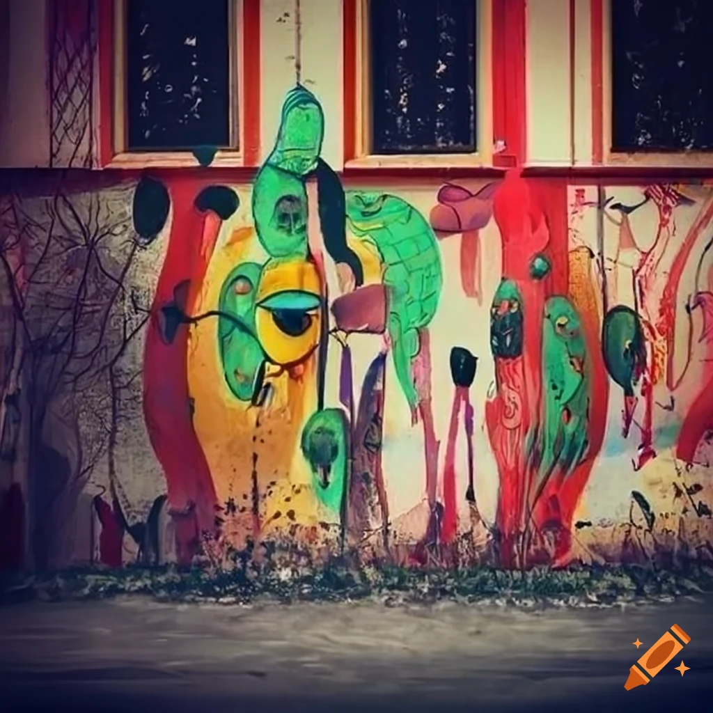 Surrealist circus graffiti on walls on Craiyon