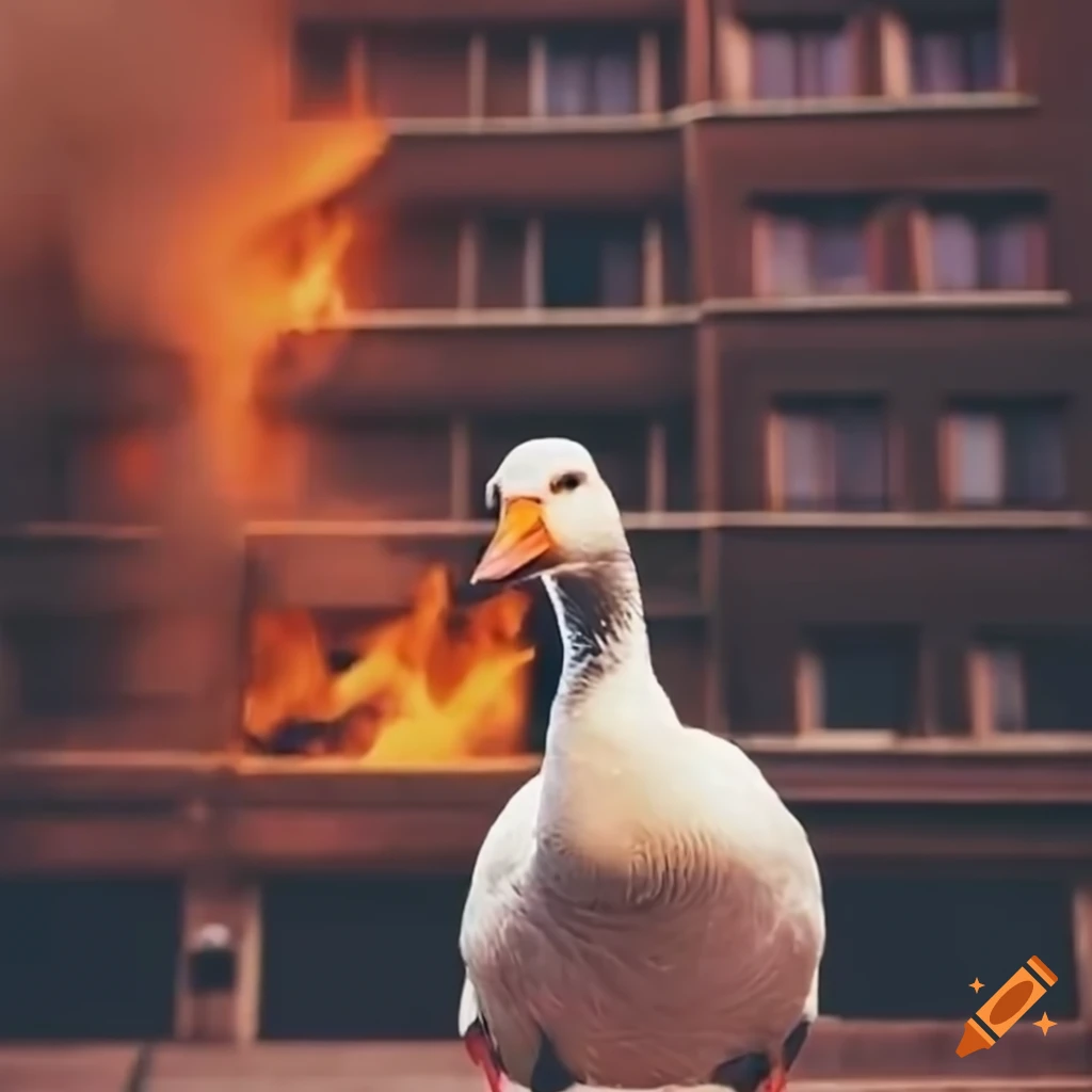Cool goose walking away from a burning building on Craiyon