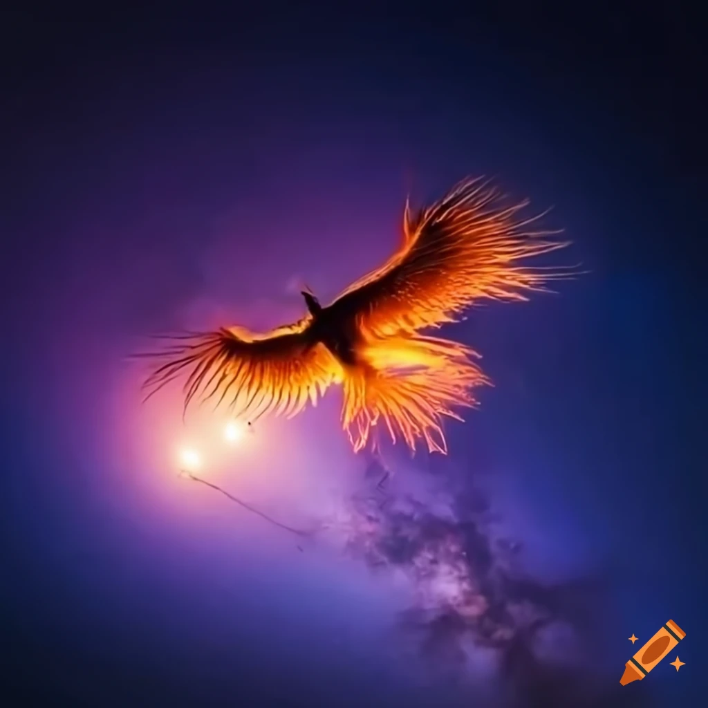 Phoenix flying with fiery trails in the sky on Craiyon