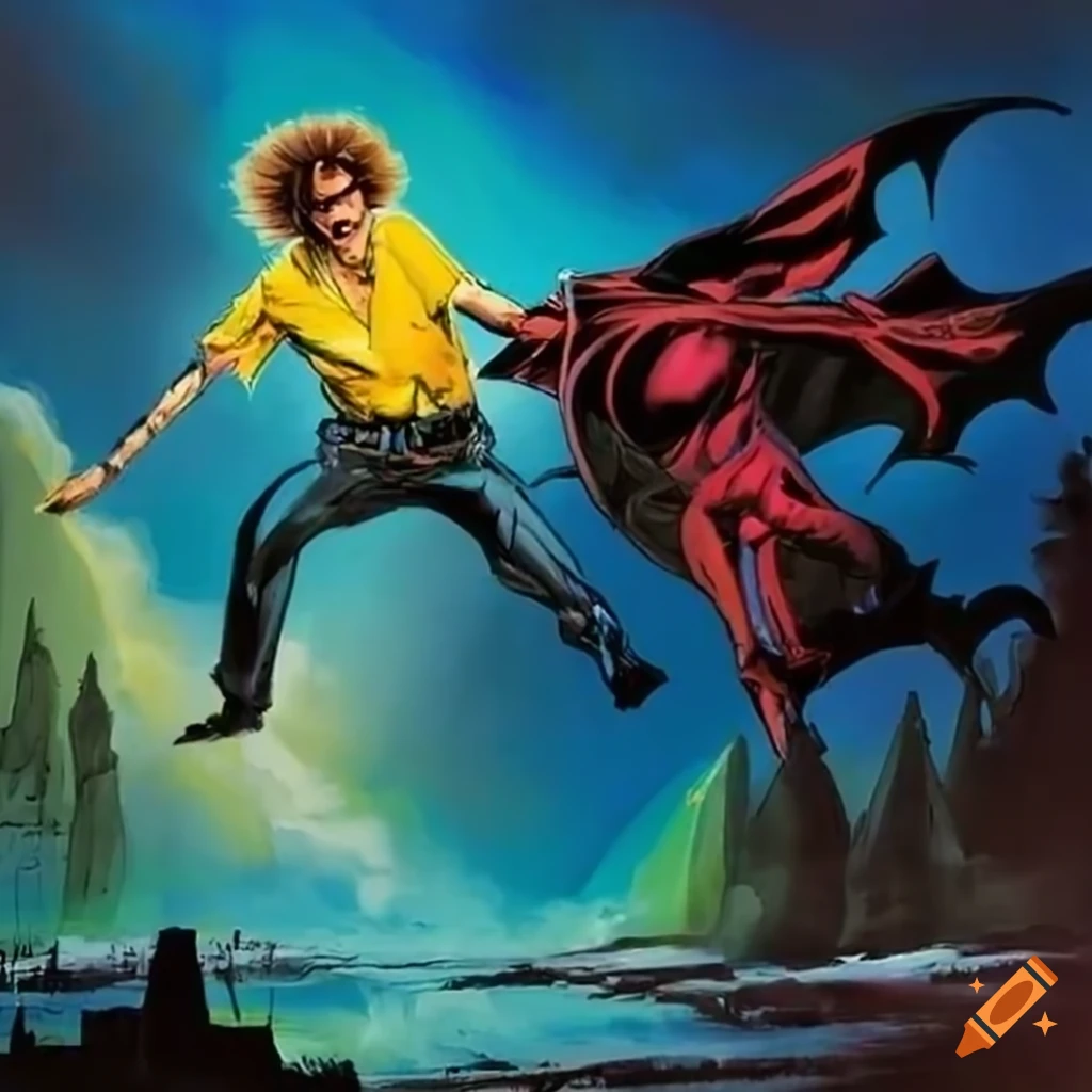 Comic style artwork of bob ross and batman in a fight on Craiyon