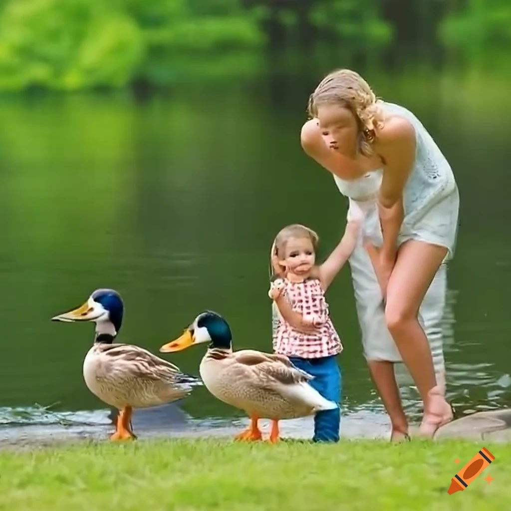 Ducks playing by the pond with family on Craiyon