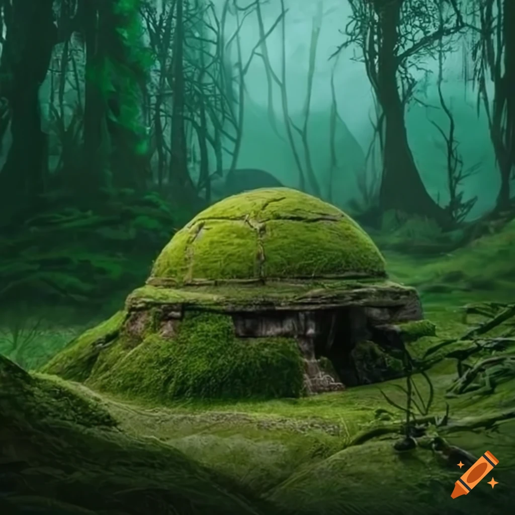 Green moss-covered dome bunker in a forest on Craiyon