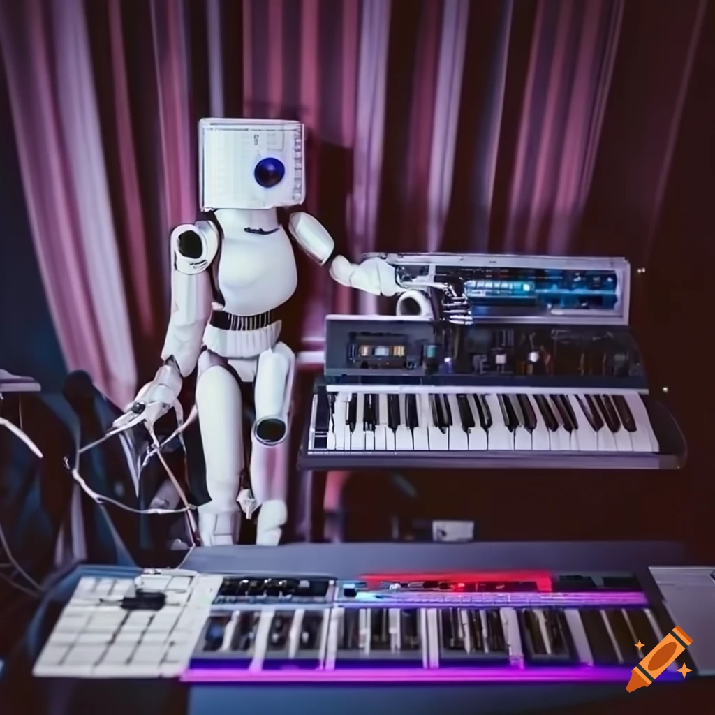 Shiny robot playing a modular synthesizer underwater on Craiyon