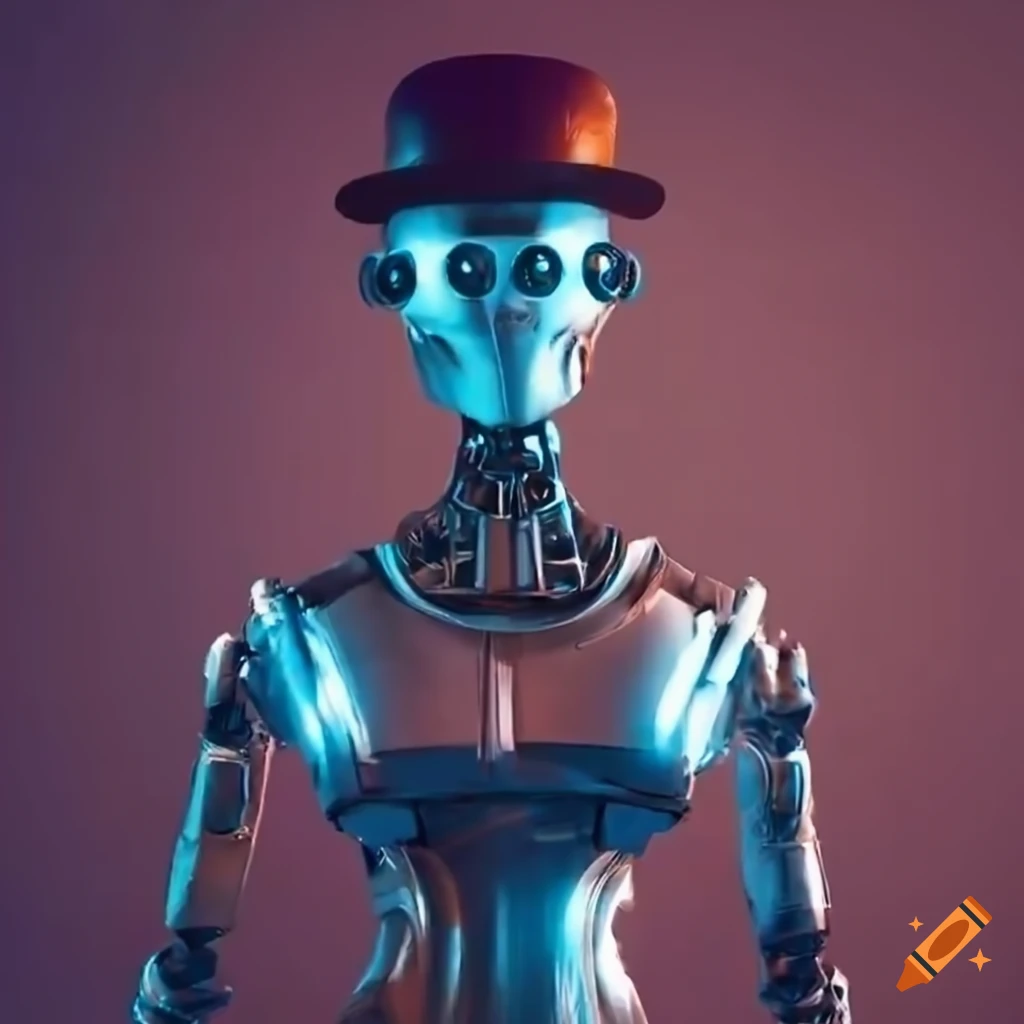 Futuristic DJ robot with a metallic sheen wearing a bowler hat on Craiyon