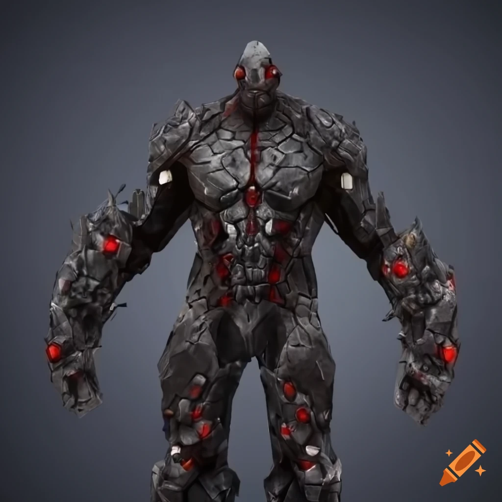 Black stone armored golem cyborg with red glowing crystals on Craiyon
