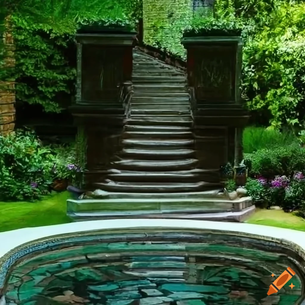 Stunning silver staircase in a garden leading to a balcony