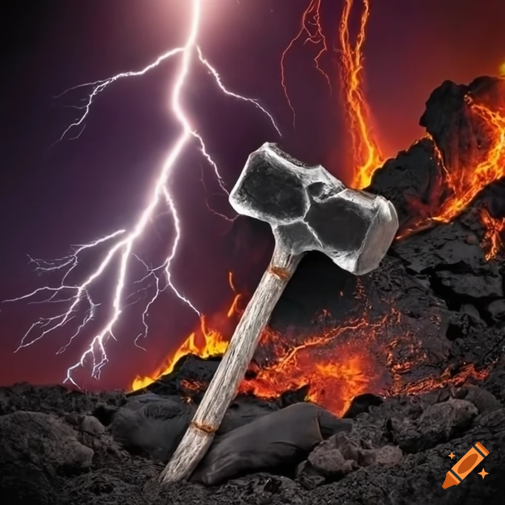 Image of a Nordic hammer with lightning on a volcanic background on Craiyon