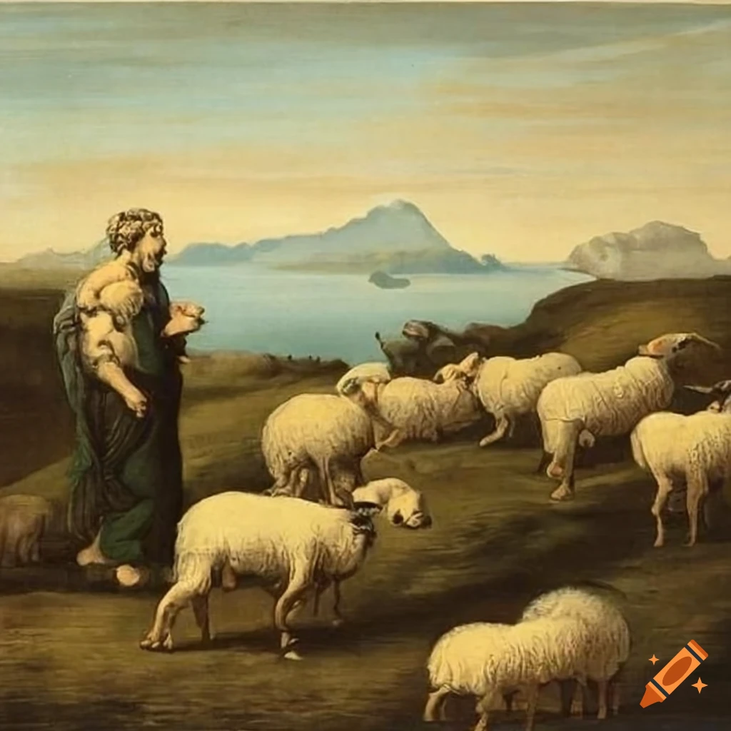 Greek philosophers representing sophism with sheep in the background on Craiyon
