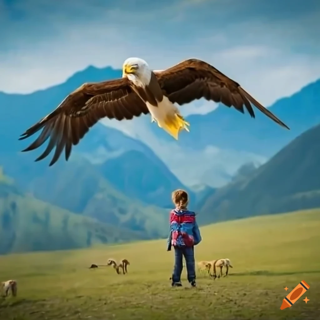 Eagle flying over a boy with sheep and dogs in a valley on Craiyon